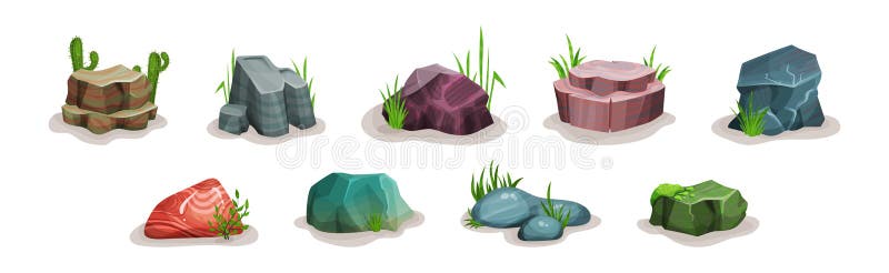 Rocks and Stones with Green Grass Vector Set Stock Illustration ...
