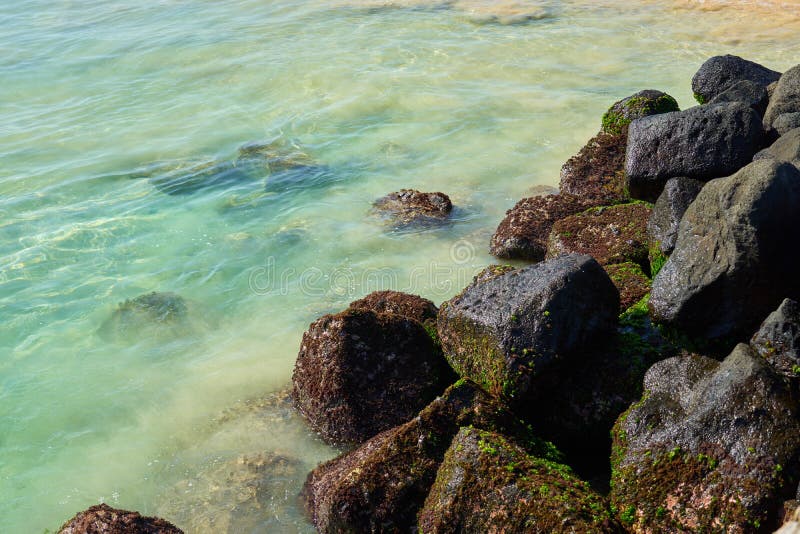 Rocks and Waves on a Sandy Tropical Beach. Stock Photo - Image of young ...