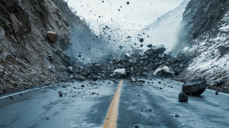 Rockslide Blocks Mountain Road during Winter Storm Stock Image - Image ...