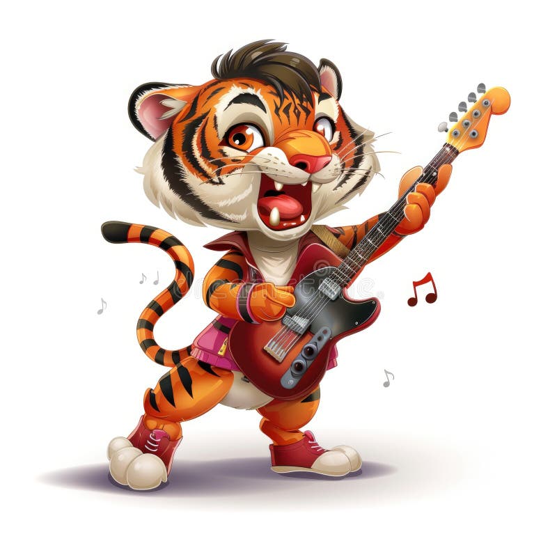 Rockstar Cartoon Tiger Playing Electric Guitar with Musical Notes Stock ...