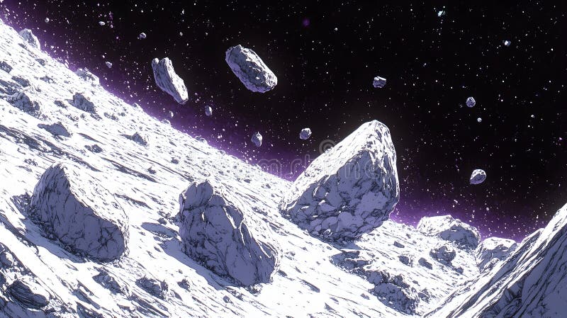 Rocky Asteroid Field with Purple Nebulae Digital Rendering in Outer ...