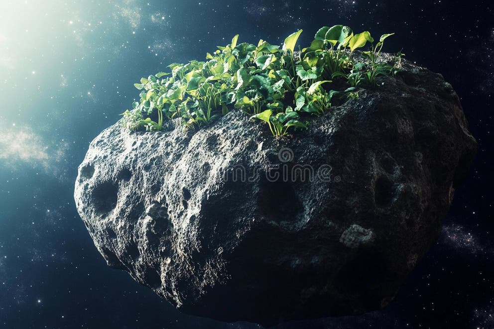 Rocky Asteroid with Vibrant Plant Life Thriving in Outer Space Environment Stock Image - Image ...