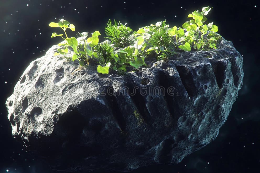 Rocky Asteroid with Vibrant Plant Life Thriving in Outer Space Environment Stock Photo - Image ...