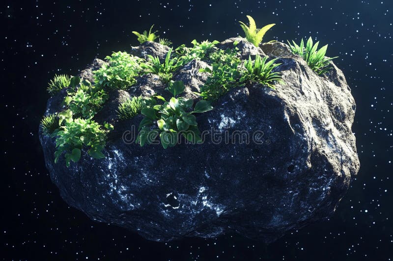 Rocky Asteroid with Vibrant Plant Life Thriving in Outer Space ...