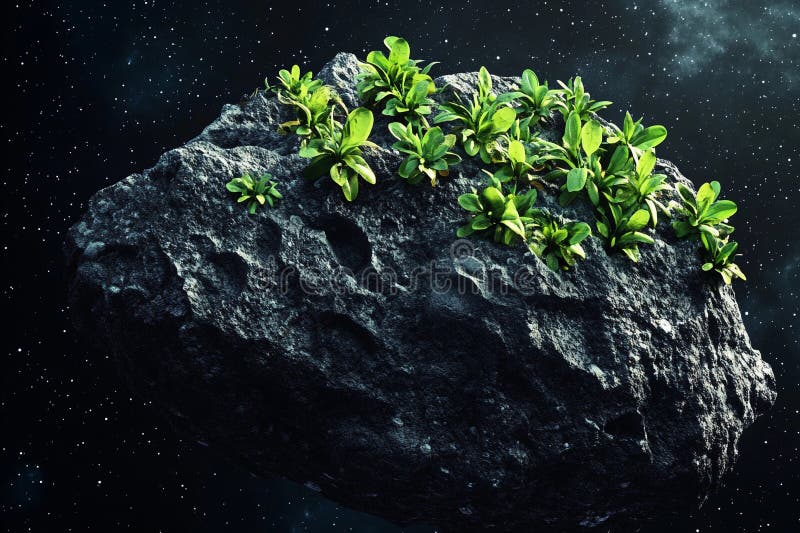 Rocky Asteroid with Vibrant Plant Life Thriving in Outer Space ...
