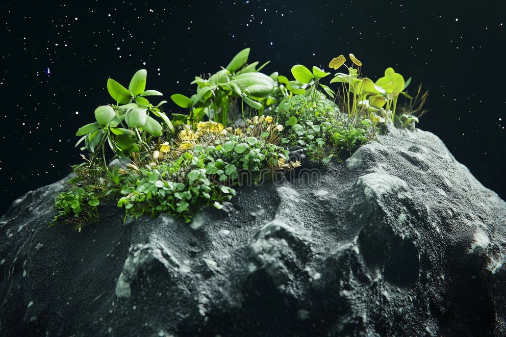 Rocky Asteroid with Vibrant Plant Life Thriving in Outer Space Environment Stock Image - Image ...