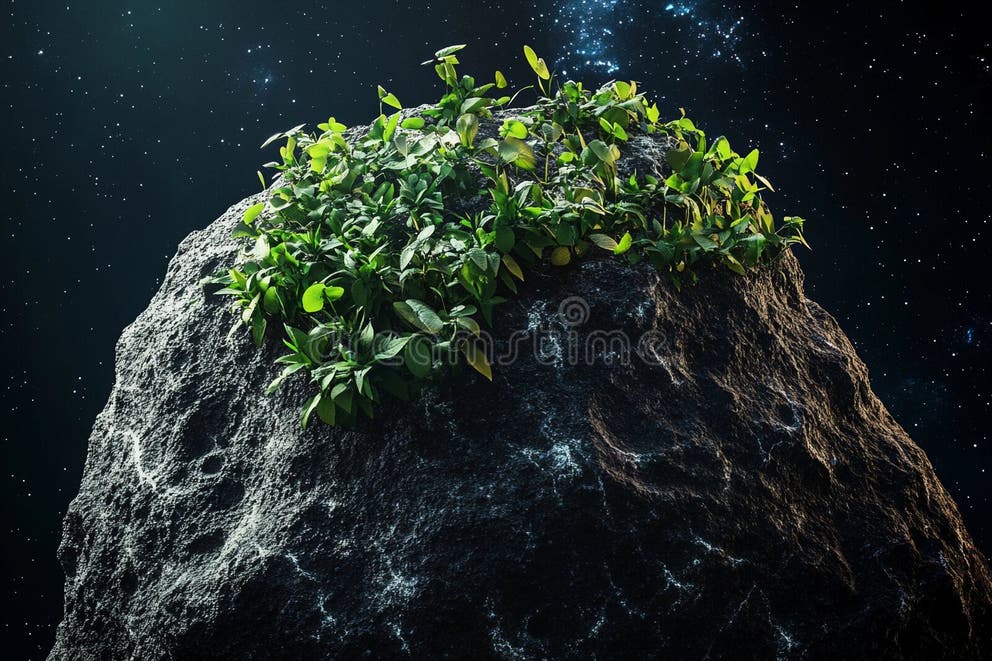 Rocky Asteroid with Vibrant Plant Life Thriving in Outer Space ...