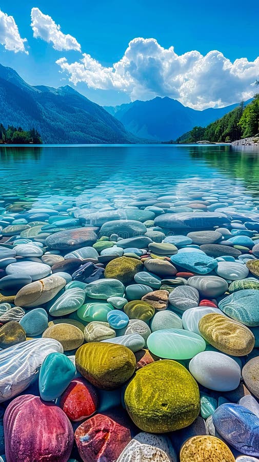 A Rocky Beach with Colorful Rocks on the Shore of a Lake Stock Image ...