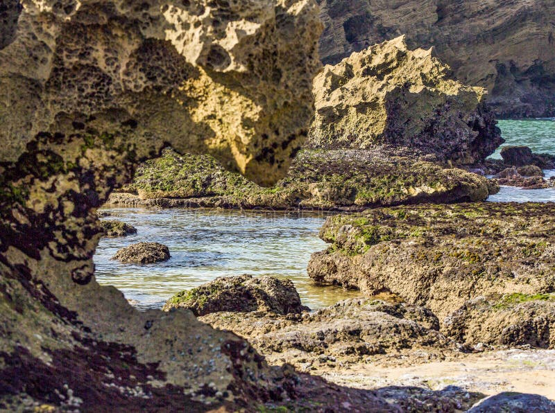Sand and Rocky Beach Scene stock image. Image of sand - 193434881