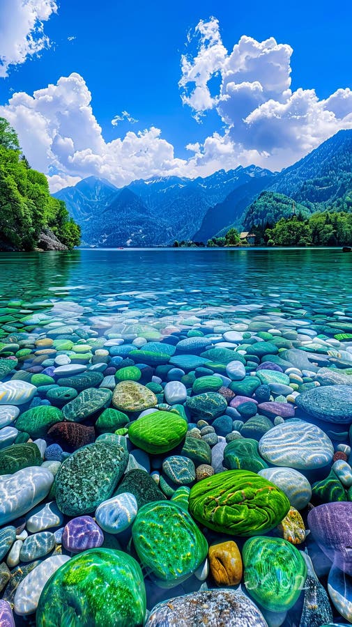 A Rocky Beach with Green and Blue Rocks in the Water Stock Photo ...