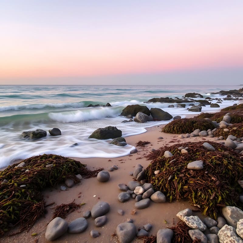 Rocky Beach with Pastel Sky and Gentle Waves Stock Illustration ...