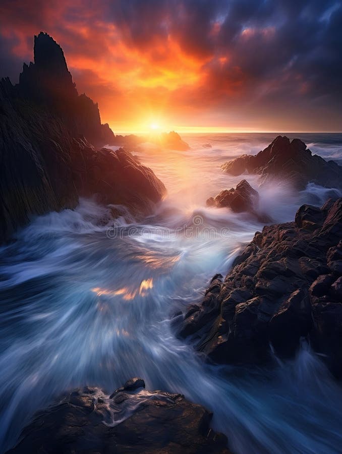Rocky Beach at Sunset in Long Exposure - Landscape Photography Stock ...