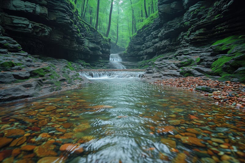 Rocky Canyon of a Mountain Stream in the Forest Stock Illustration ...
