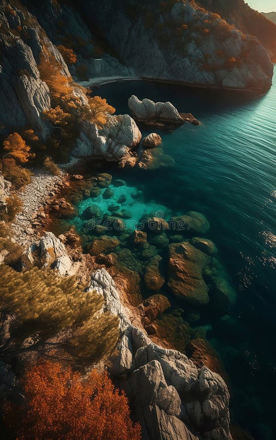 Rocky Cliff and Blue Sea Captured from a Drone, Generative AI Stock ...