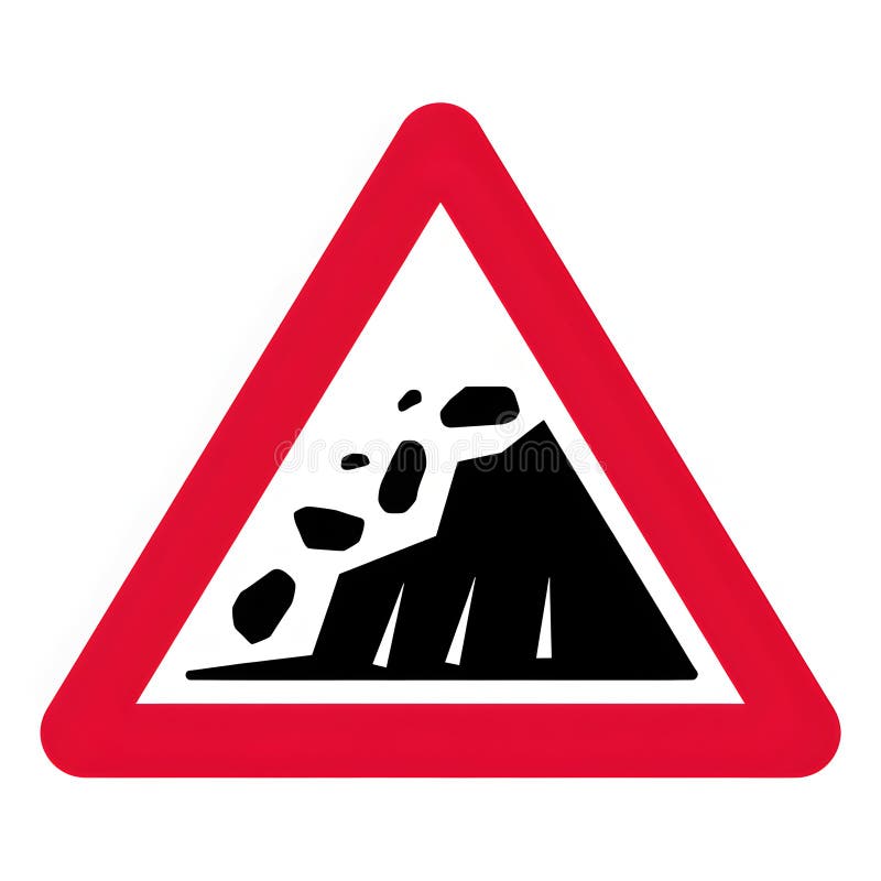 Rocky Cliff Danger Sign, Red Triangle with Tumbling Stones Highlights ...