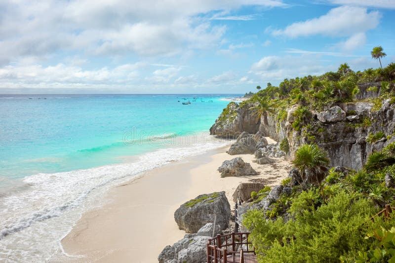 Rocky Cliff at the Tropical Beach of Tulum, Yucatan Peninsula, Mexico ...