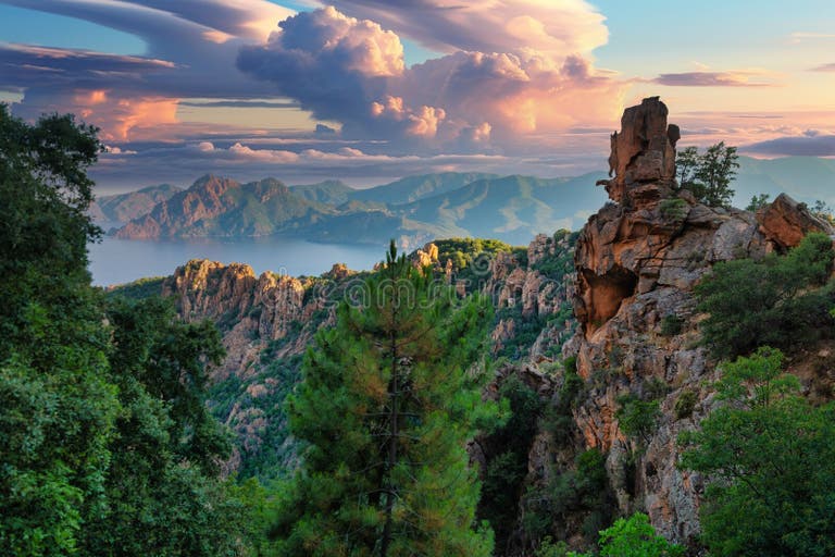 Rocky Cliffs and Lush Greenery at Sunset Stock Photo - Image of ...