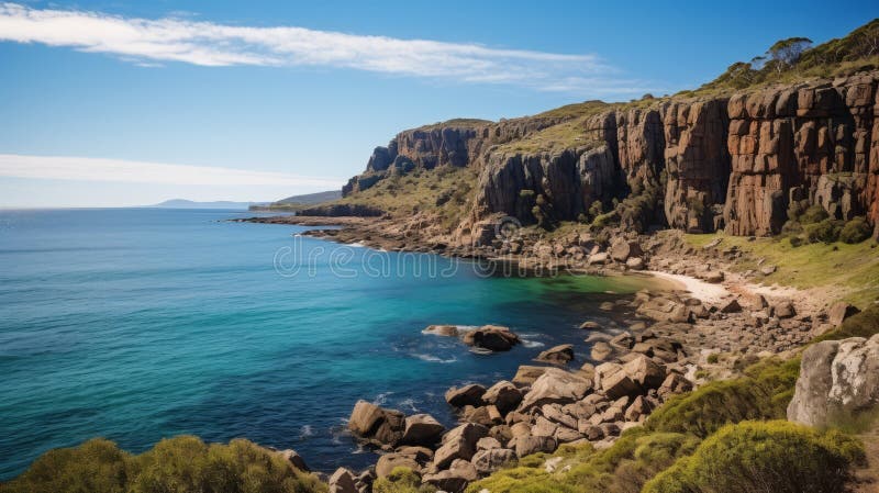 Rocky Cliffs Overlooking a Tranquil Ocean Bay Stock Illustration ...