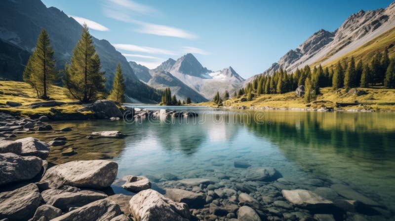 Rocky Cliffs and Pristine Mountain Lake Under Blue Sky Stock ...