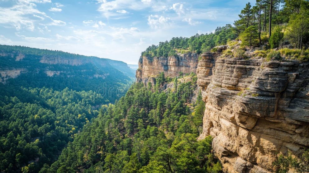 Rocky Cliffside Overlooking a Dense Forest Canyon Stock Illustration ...