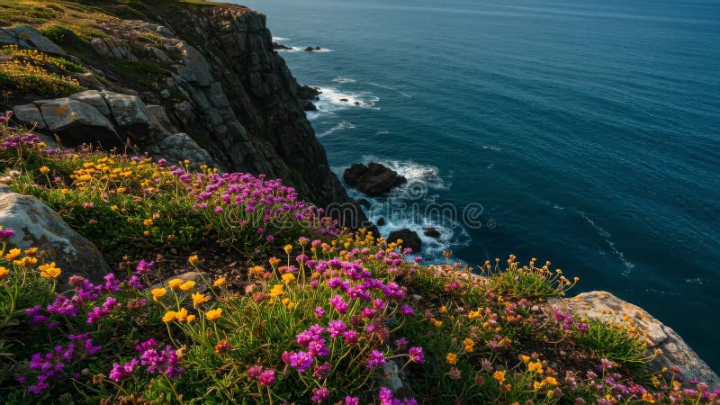 Rocky Cliffside Overlooking the Ocean Featuring Yellow and Purple ...