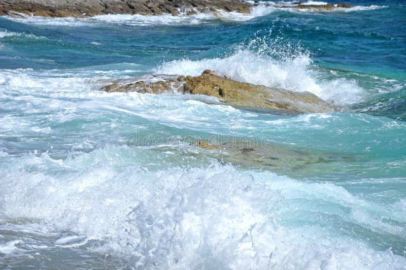Rocky Coast with Splashing Waves Stock Image - Image of summer, energy ...