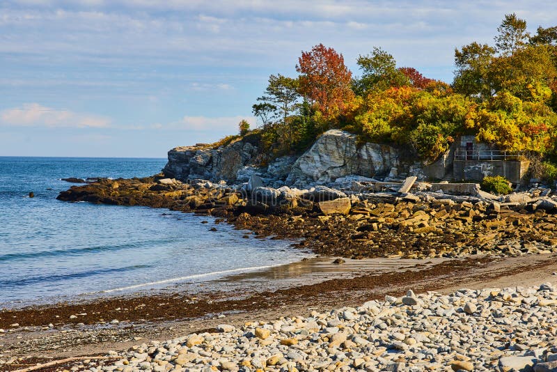 Rocky Coastal Beach in Maine with Gentle Waves and Fall Forest Stock ...