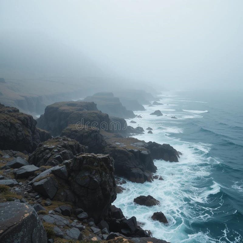 A Rocky Coastline Shrouded in Mist with Waves Crashing Below Stock ...