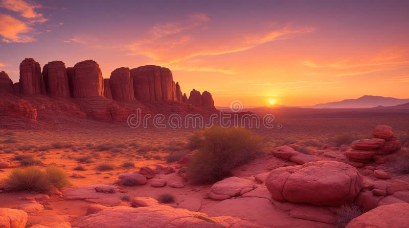 Rocky Desert Landscape at Sunset, Bathed in Warm Hues. Stock ...