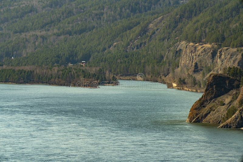 Rocky Embankment of the River with a Dense Spruce Forest. Stock Photo ...