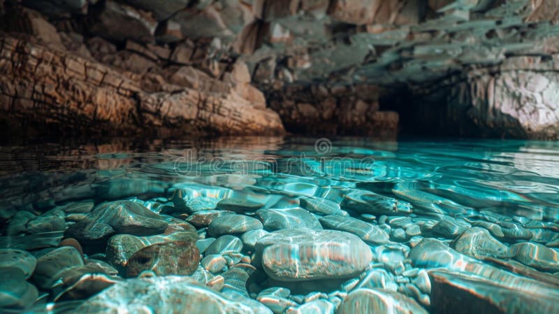 The Rocky Floor of a Cave Disappears into a Crystal Clear Pool of Still ...