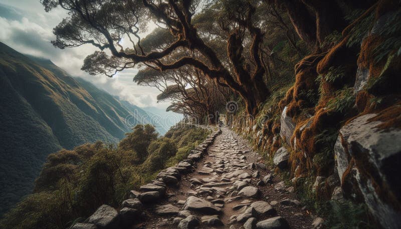Rocky Footpath with Old Trees Along the Edge Stock Illustration ...