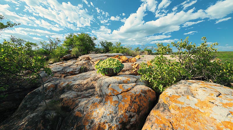 A Rocky Hillside with a Few Trees and a Large Rock in the Foreground ...