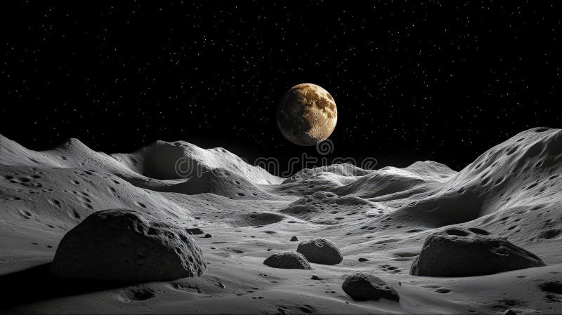 A Rocky Lunar Surface Under the Starry Sky, with the Moon Glowing ...