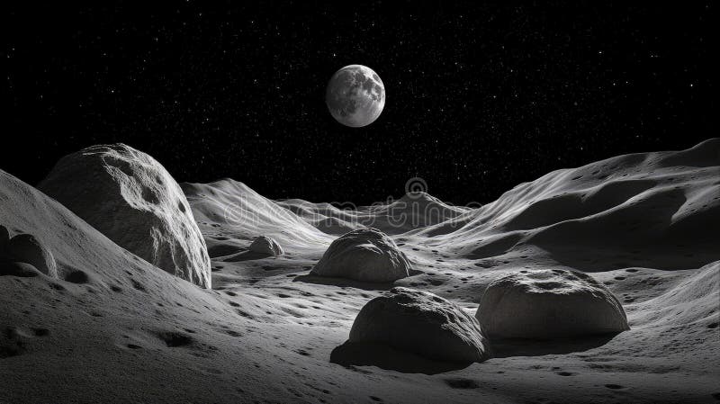 A Rocky Lunar Surface Under the Starry Sky, with the Moon Glowing ...