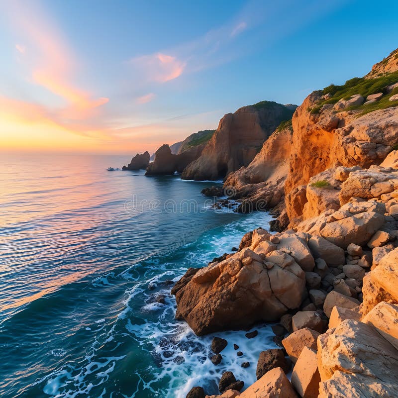 Rocky Mediterranean Coastline with Sunrise Stock Illustration ...