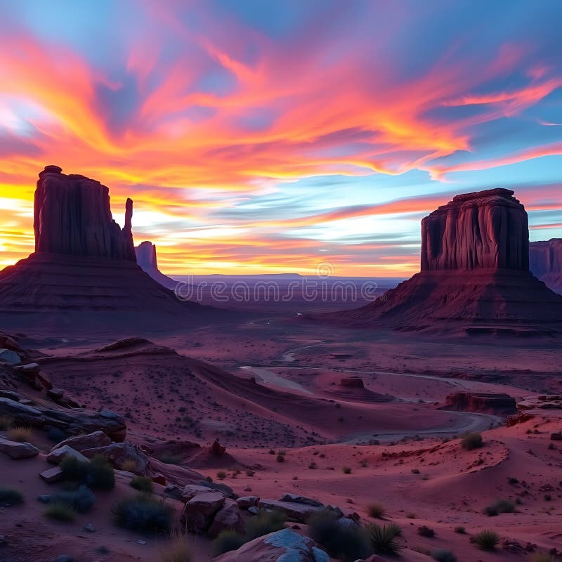 Rocky Monument Valley Under Vibrant Sky Stock Illustration ...