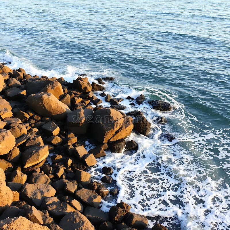 Rocky Pacific Shoreline with Gentle Morning Waves Stock Illustration ...