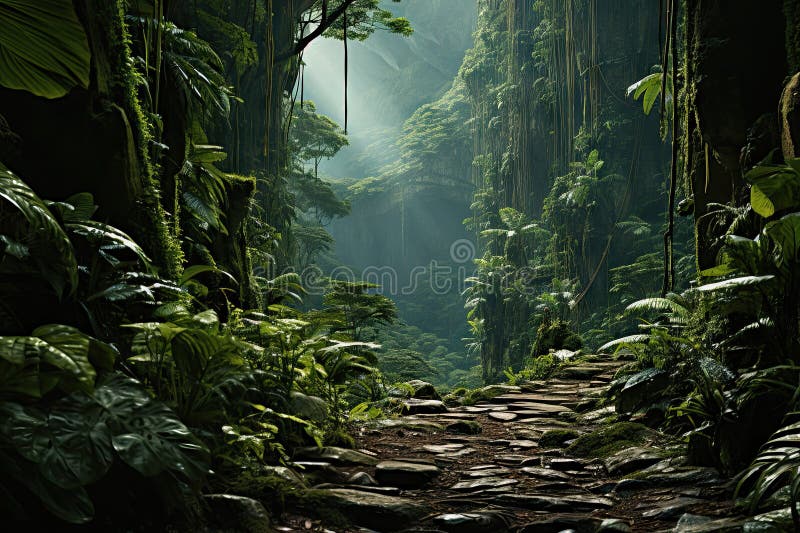 A Rocky Path in a Jungle with Trees and Plants Stock Image - Image of ...