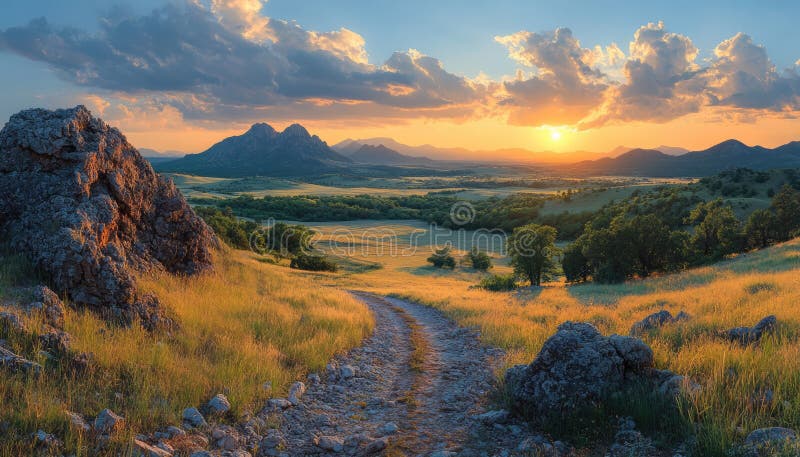Rocky Path Leading into a Golden Valley with a Stunning Sunset and ...