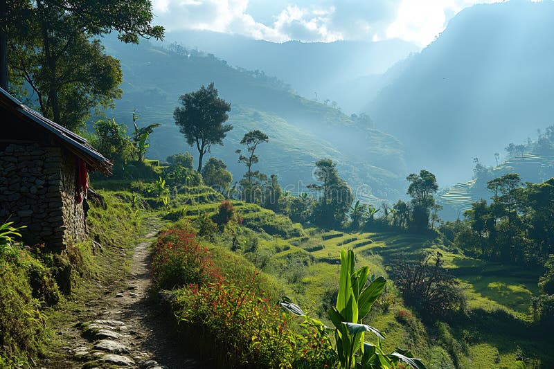 Rocky Path in Tropical Mountain Valley with Terraced Fields Stock ...