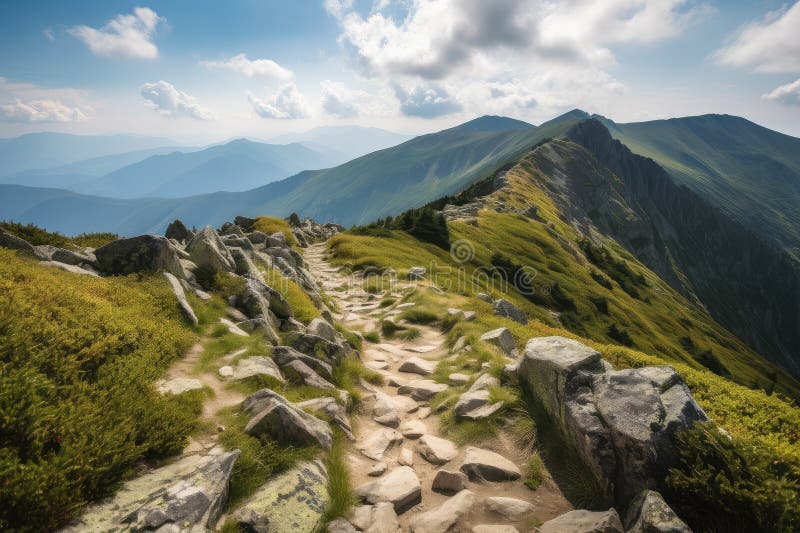 Rocky Path Winding Up the Side of Majestic Mountain Range, with View of ...