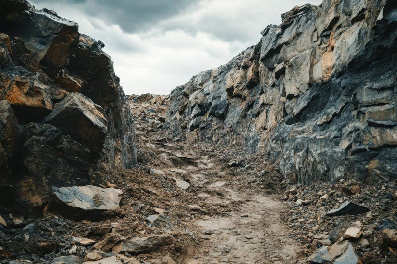 Rocky Pathway Leads through Rugged Terrain Under Cloudy Sky Stock Photo ...
