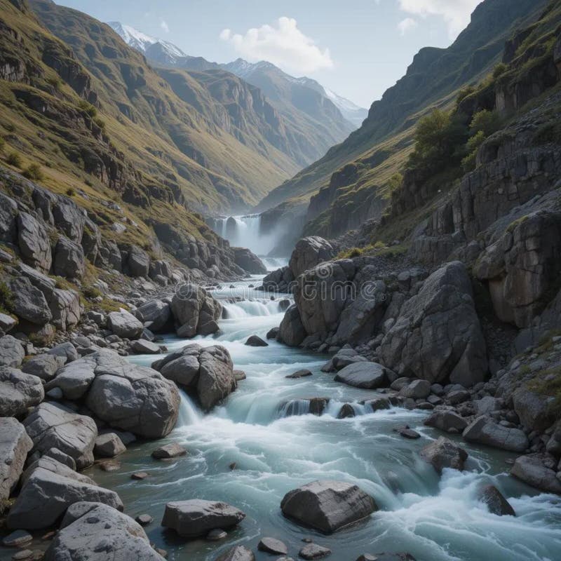 A Rocky River with Cascading Waterfalls Flowing through Mountainous ...