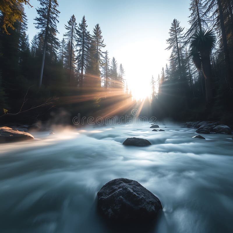 Rocky River with Mist and Sunlight Stock Illustration - Illustration of ...