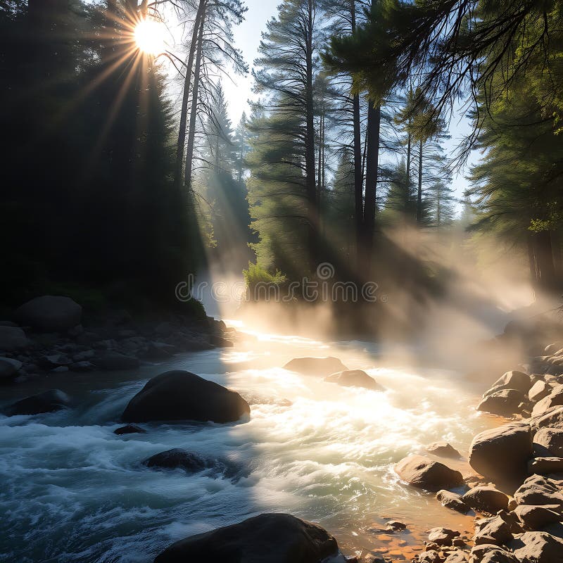 Rocky River with Mist and Sunlight Stock Illustration - Illustration of ...