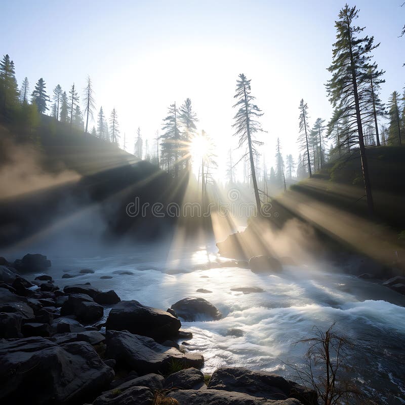 Rocky River with Mist and Sunlight Stock Illustration - Illustration of ...