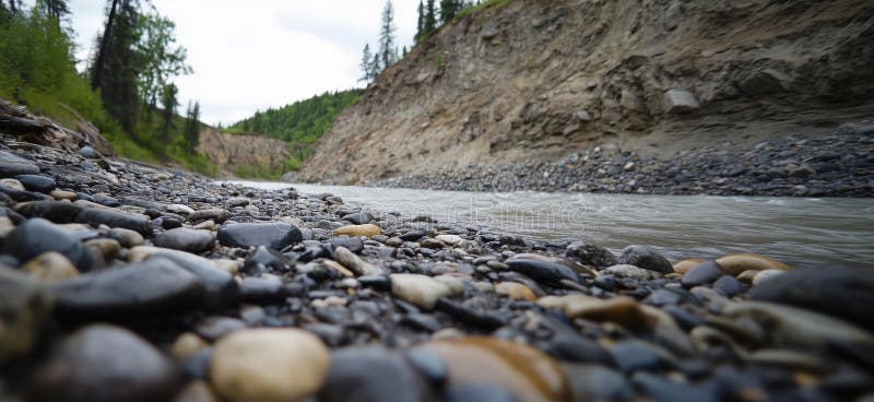 Rocky Riverbed with Smooth Pebbles and Flowing Water Surrounded by ...