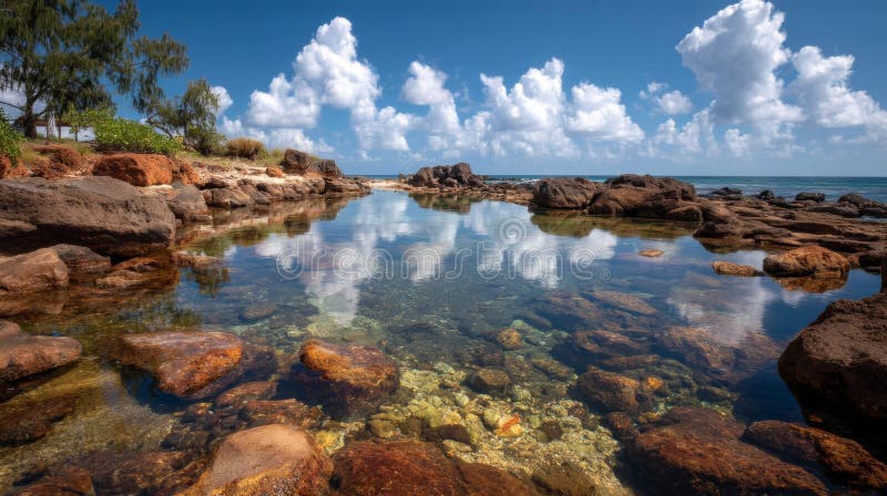 Rocky Seascape with Clear Water Reflection Stock Illustration ...