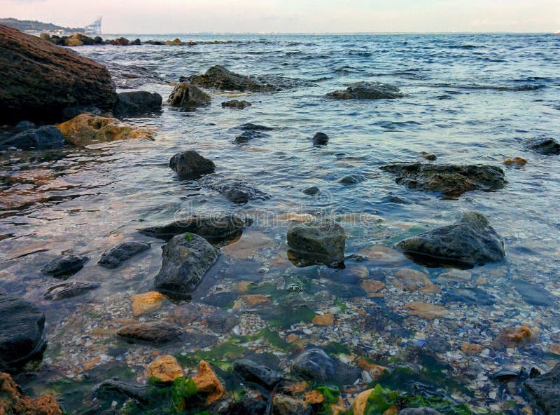 Seascape with Rocky Shallows and Waves Stock Image - Image of waves ...